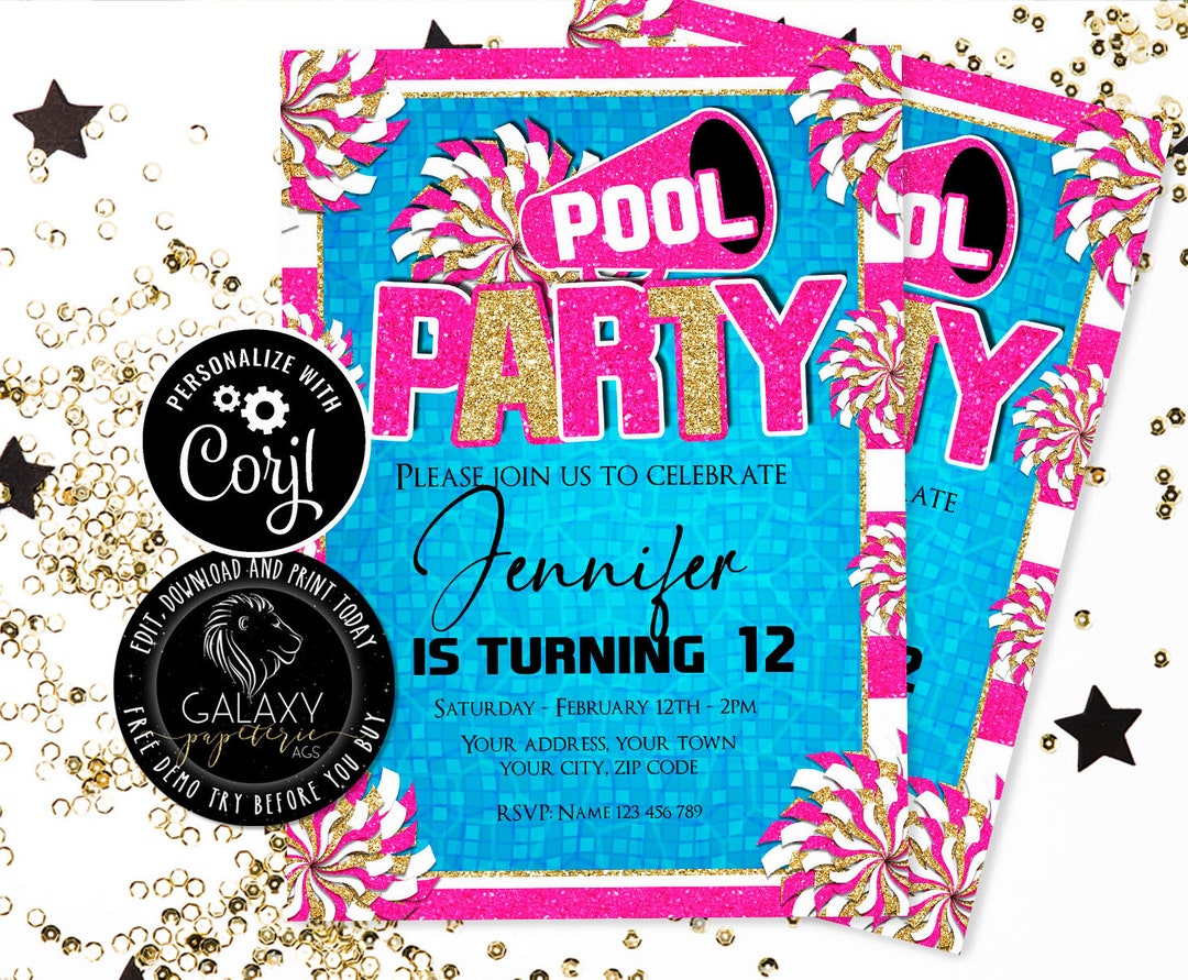 Glitter Pink Gold Cheer Pool Party Editable Invitation, Pink Cheer ...