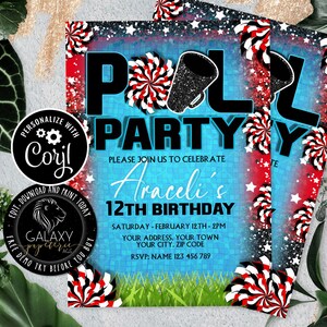 Red Black Cheer Editable Invitation, Red Pool Party Cheer Party ...