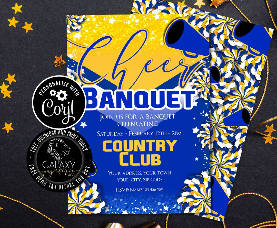 Blue Yellow Cheer Banquet Editable Invitation, Cheer Party Editable ...