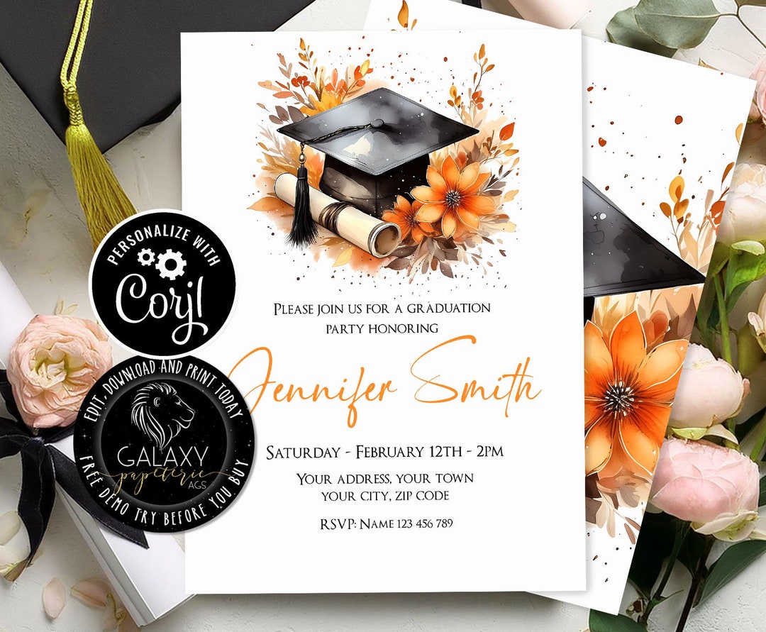 Editable Orange Graduation Invitation, Floral Graduation Invitation ...