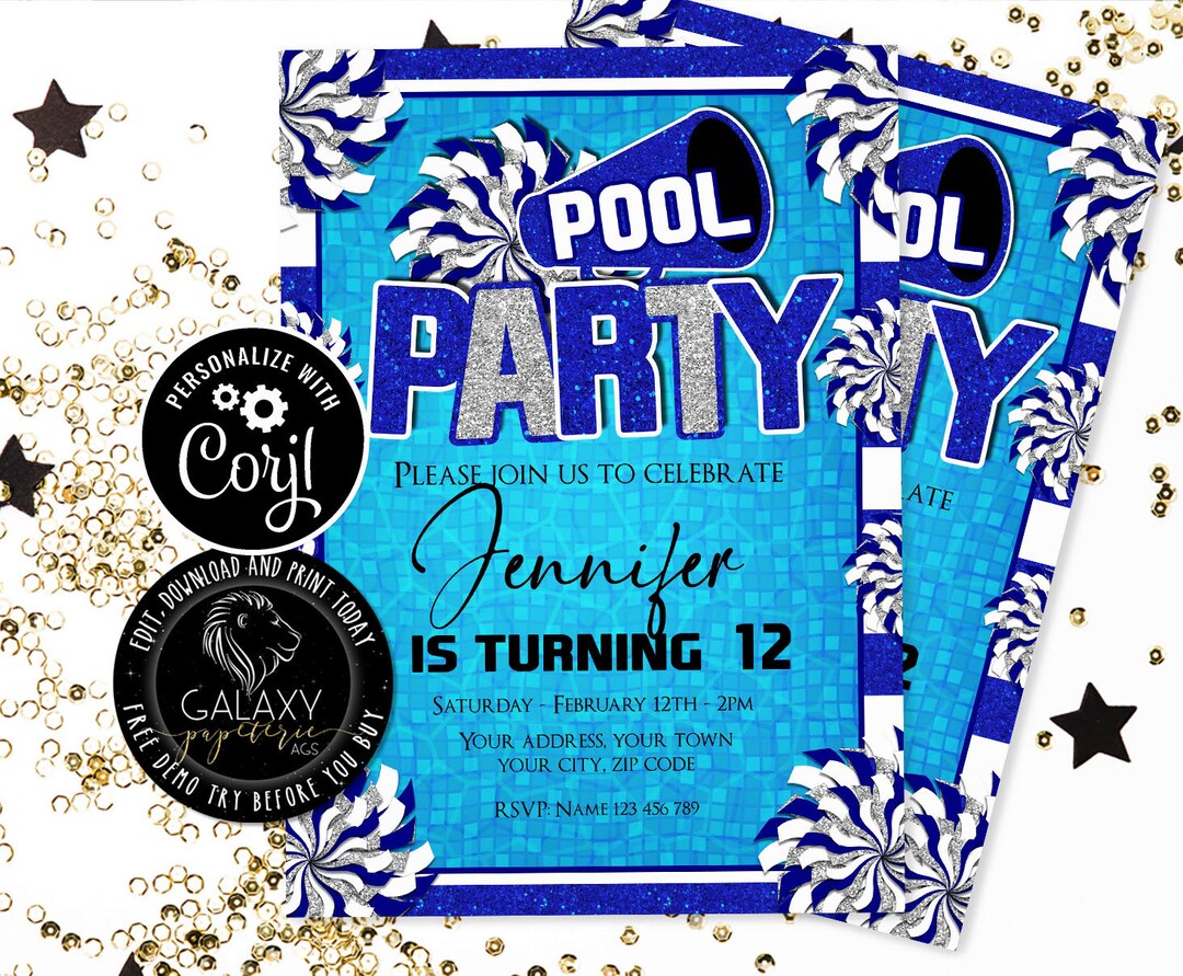 Glitter Blue Silver Cheer Pool Party Editable Invitation, Blue Cheer ...