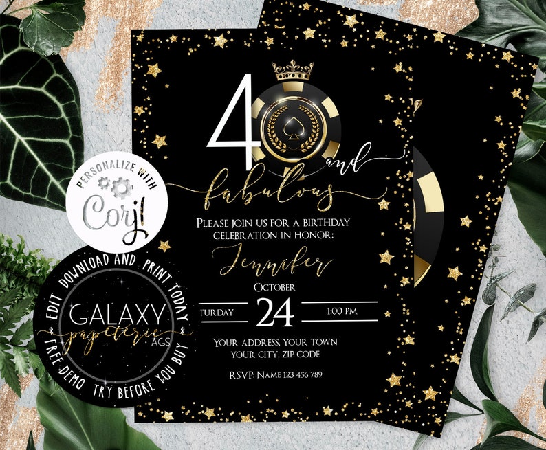 Editable 40th Birthday Invitation, Casino Night Editable Invitation ...
