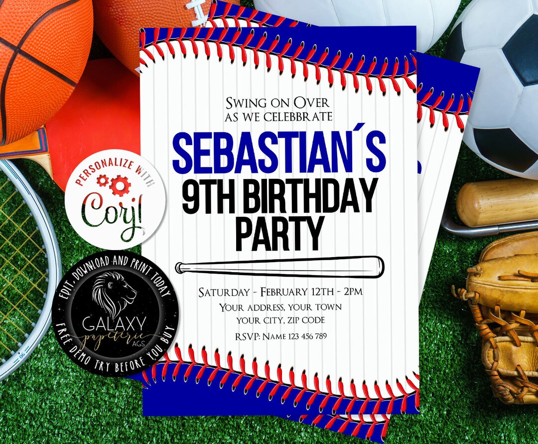 Editable Baseball Birthday Invitation, Baseball Invitation, Blue ...