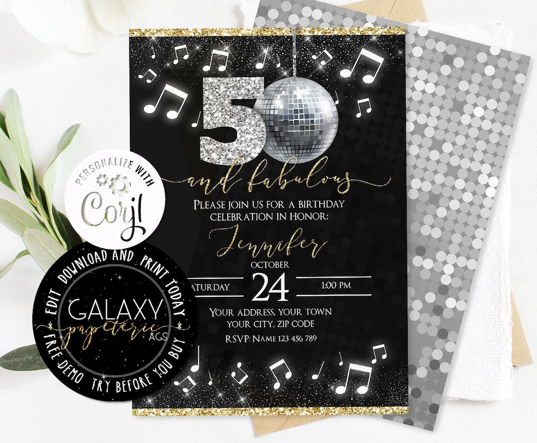 Editable 50th Birthday Invitation, Disco Party Editable Invitation ...