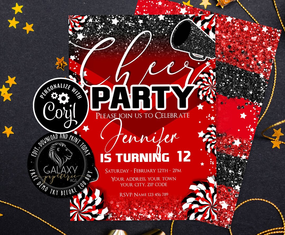 Red Black Cheer Editable Invitation, Cheer Party Editable Invitation ...
