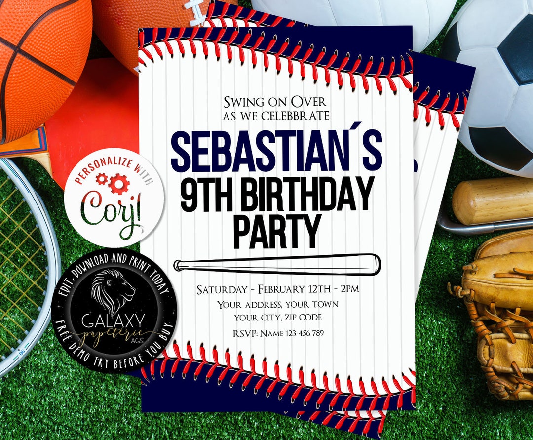 Editable Baseball Birthday Invitation, Baseball Invitation, Dark Blue ...