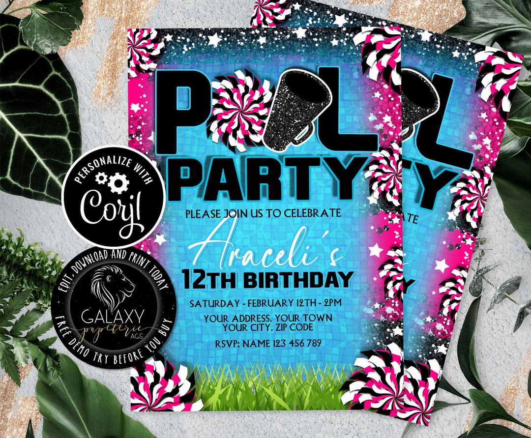 Black Pink Cheer Editable Invitation, Pink Pool Party Cheer Party ...