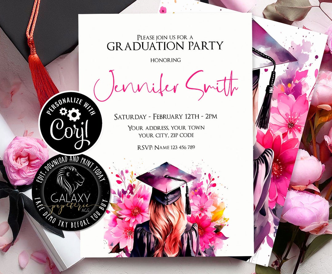 Editable Pink Graduation Invitation, Floral Girl Graduation Invitation ...