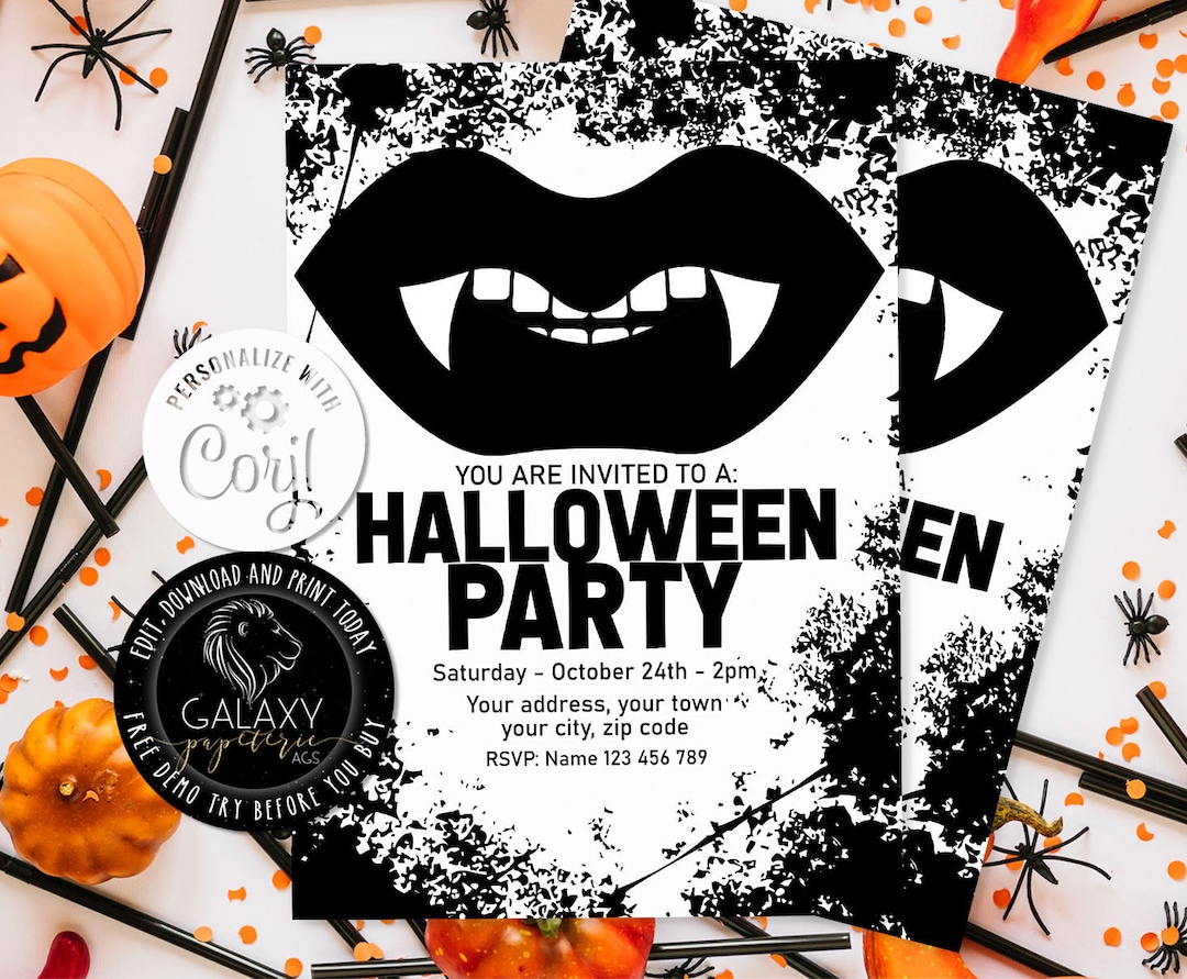 Halloween Vampire Editable Invitation, Black and White Halloween ...