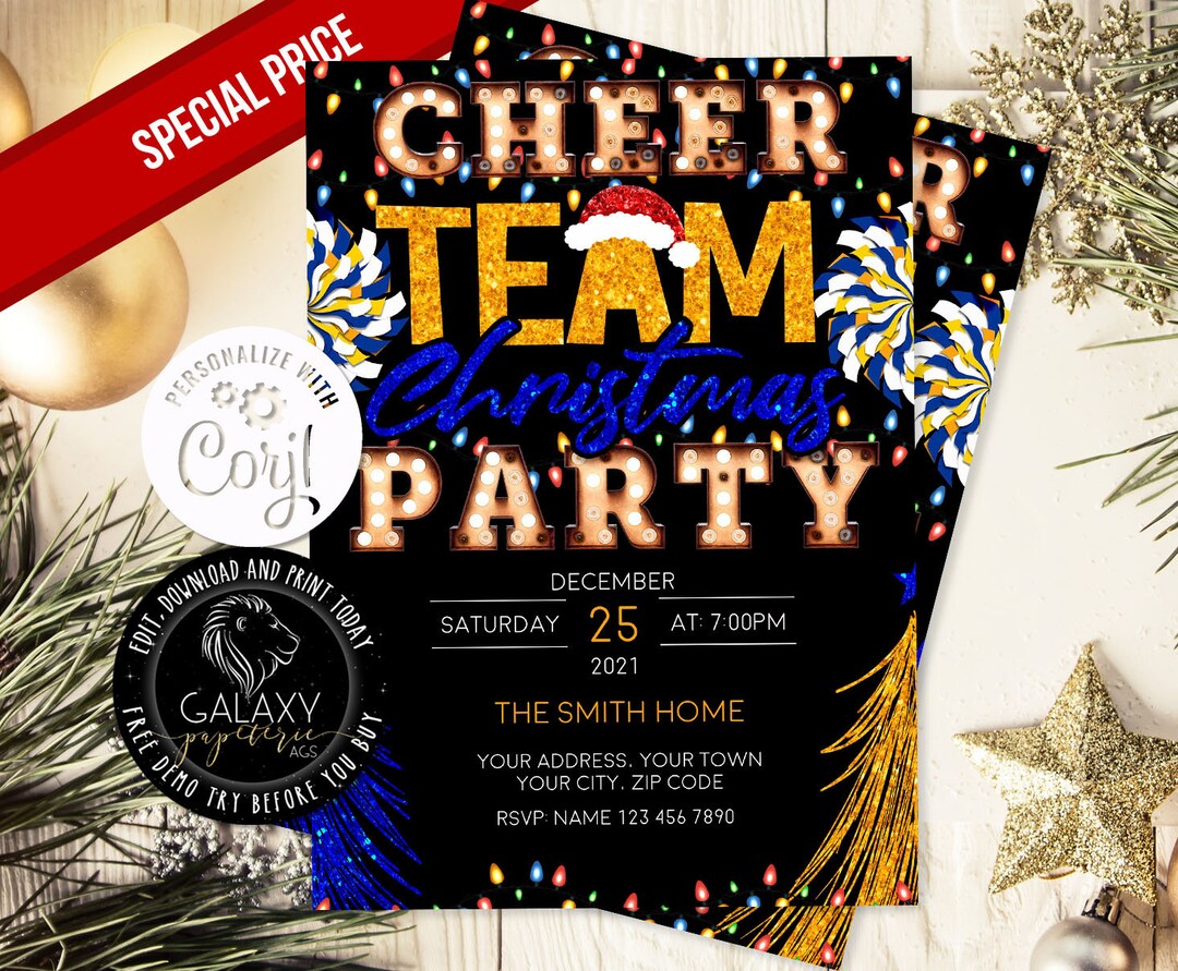 Editable Cheer Team Christmas Party Invitation, Blue Yellow Cheer ...
