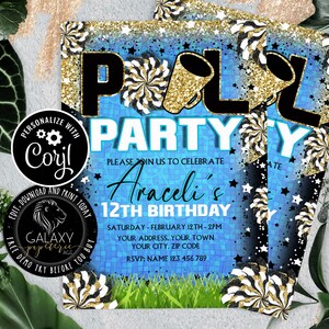 Black Gold Cheer Editable Invitation, Black Gold Pool Party Cheer Party ...