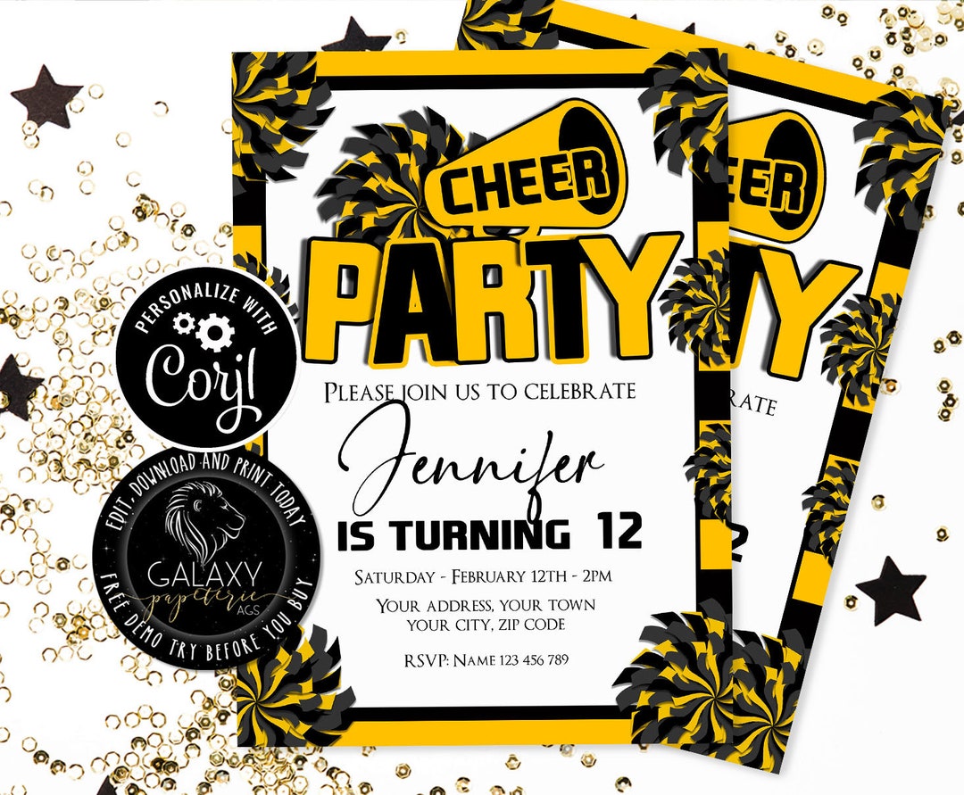 Black Yellow Cheer Editable Invitation, Cheer Party Editable Invitation ...