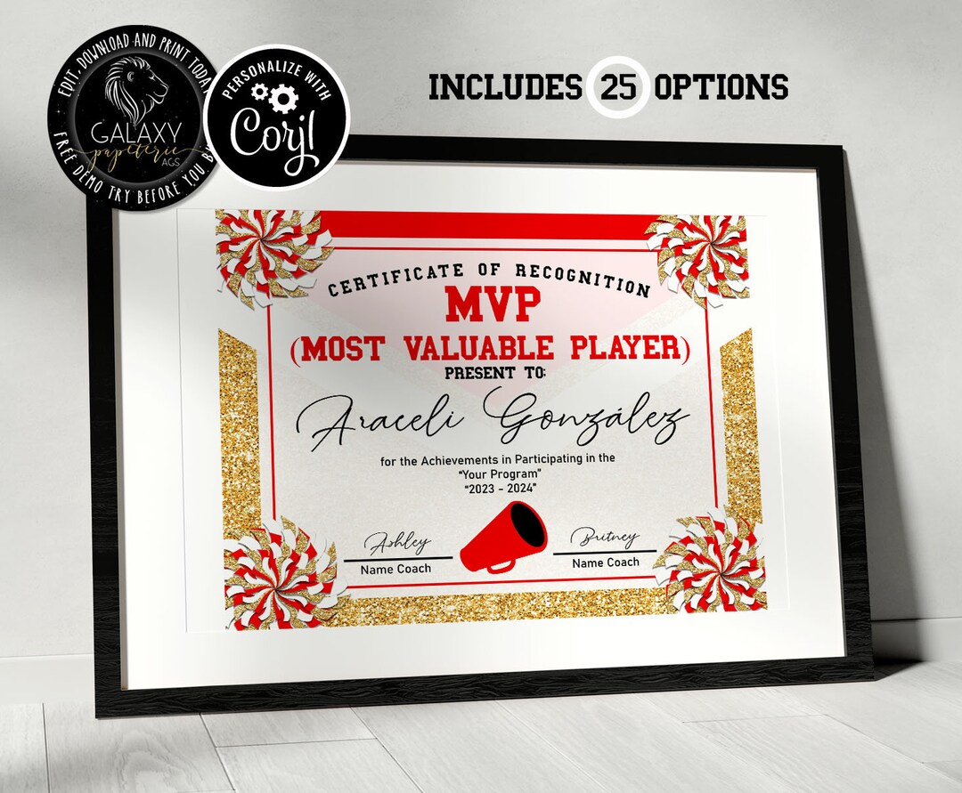 Editable Red Gold Cheerleading Certificate, Editable Cheerleading ...