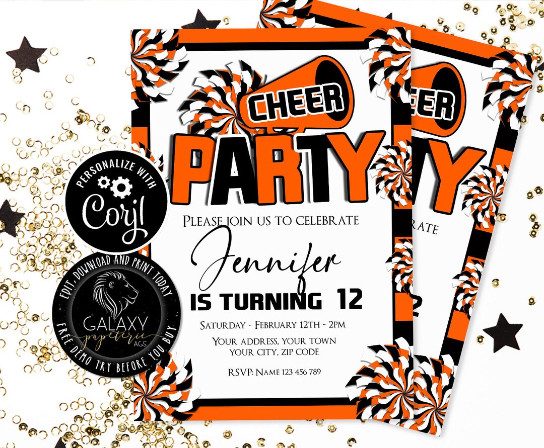 Black Orange Cheer Editable Invitation, Cheer Party Editable Invitation ...