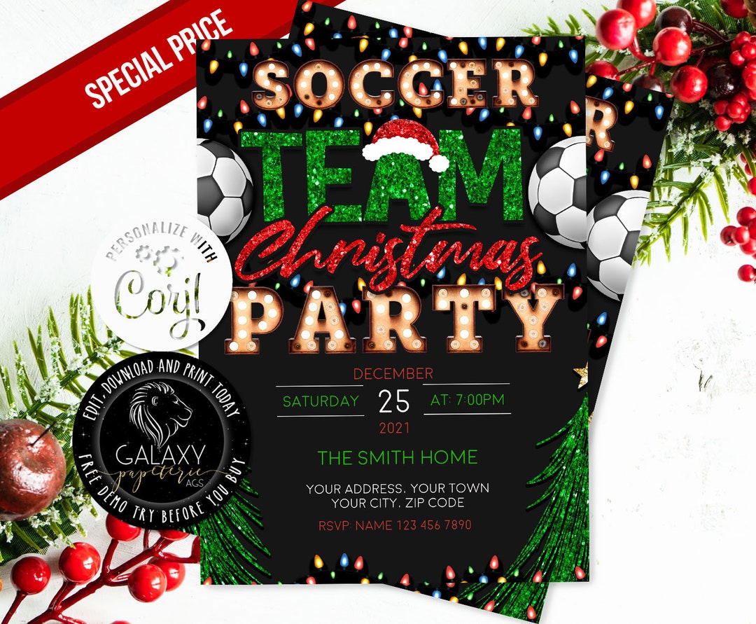Editable Soccer Team Christmas Party Invitation, Soccer Holiday ...