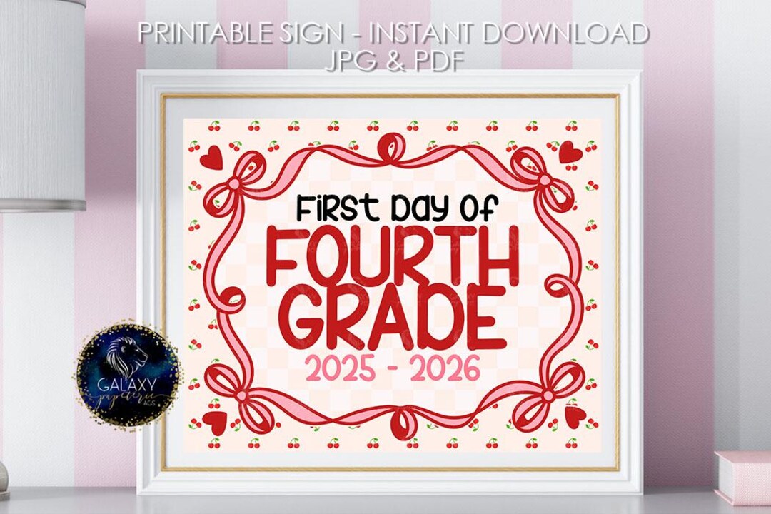 Cherry First Day of Fourth Grade Sign Printable, Back to School Photo ...