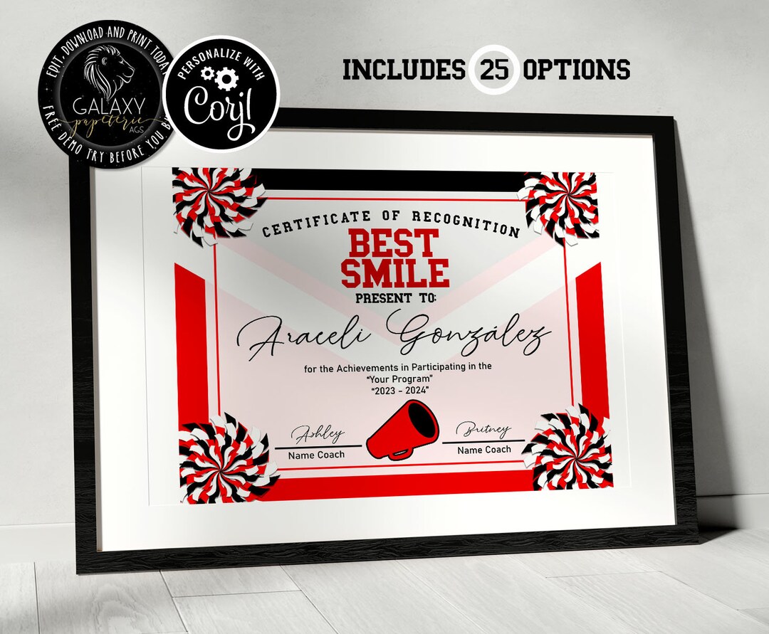 Editable Red Black Cheerleading Certificate, Editable Cheerleading ...