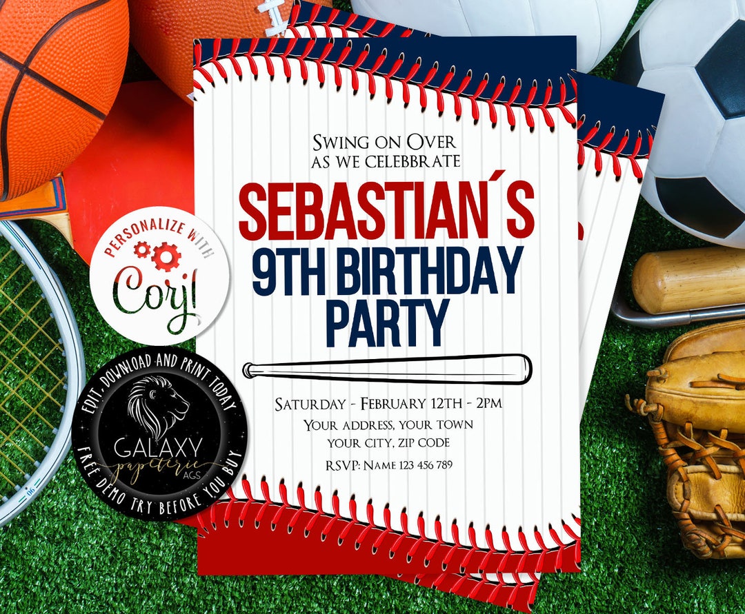 Editable Baseball Birthday Invitation, Baseball Invitation, Dark Blue ...