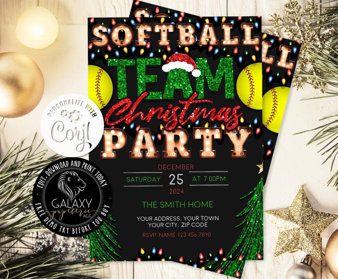 Editable Softball Team Christmas Party Invitation, Softball Holiday ...
