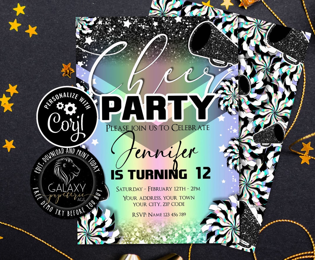 Iridescent Cheer Editable Invitation, Cheer Party Editable Invitation ...