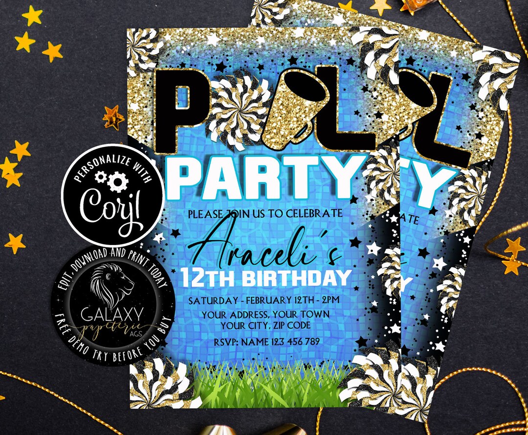 Black Gold Cheer Editable Invitation, Black Gold Pool Party Cheer Party ...