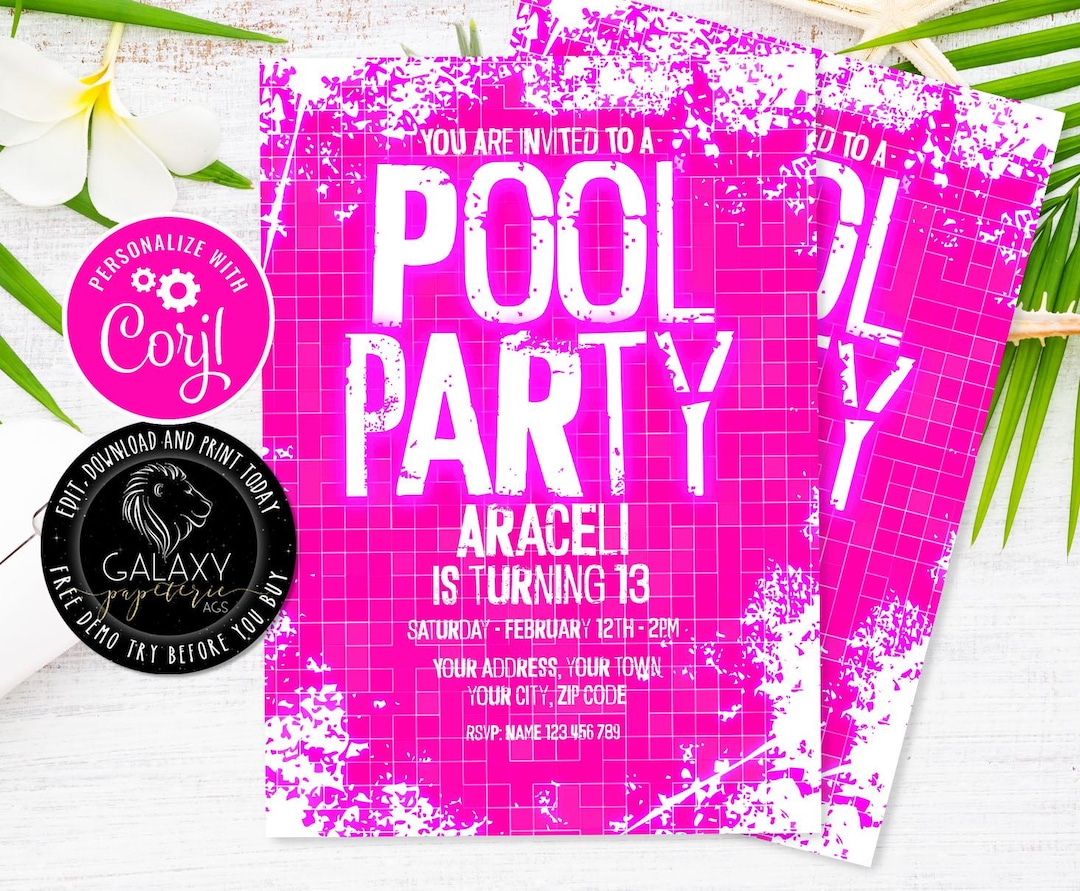 Pink Neon Pool Party Invitation, Pink Neon Grunge Pool Party Invitation ...