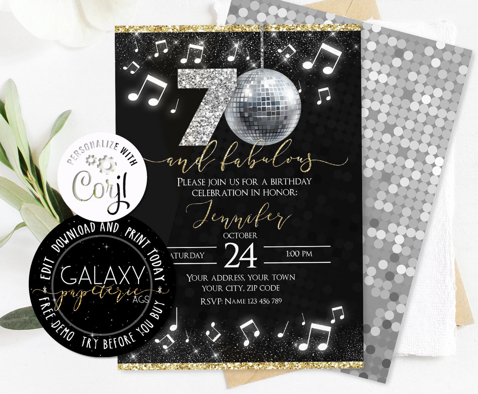 Editable 70th Birthday Invitation, Disco Party Editable Invitation ...