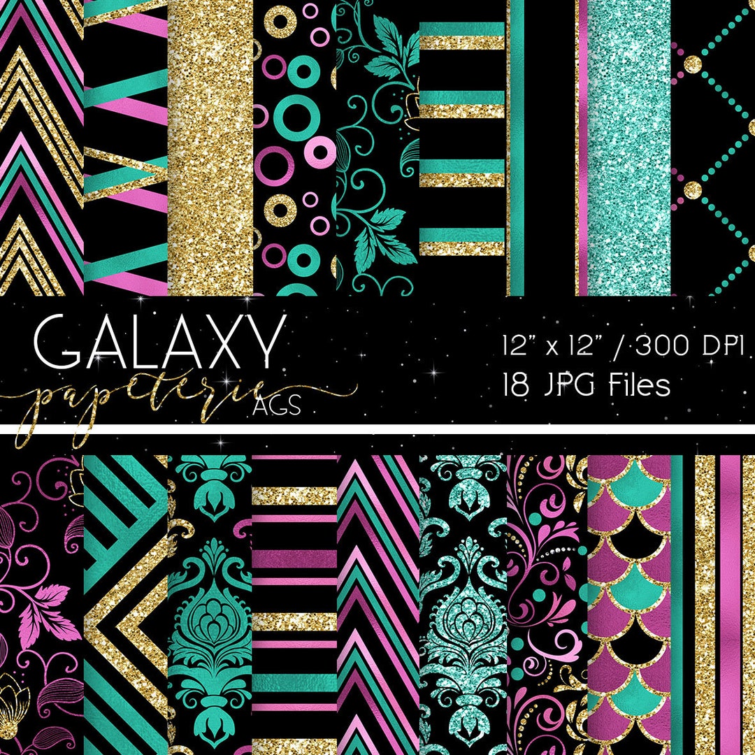 Pink Foil and Gold Glitter Digital Paper, Turquoise Foil and Gold ...