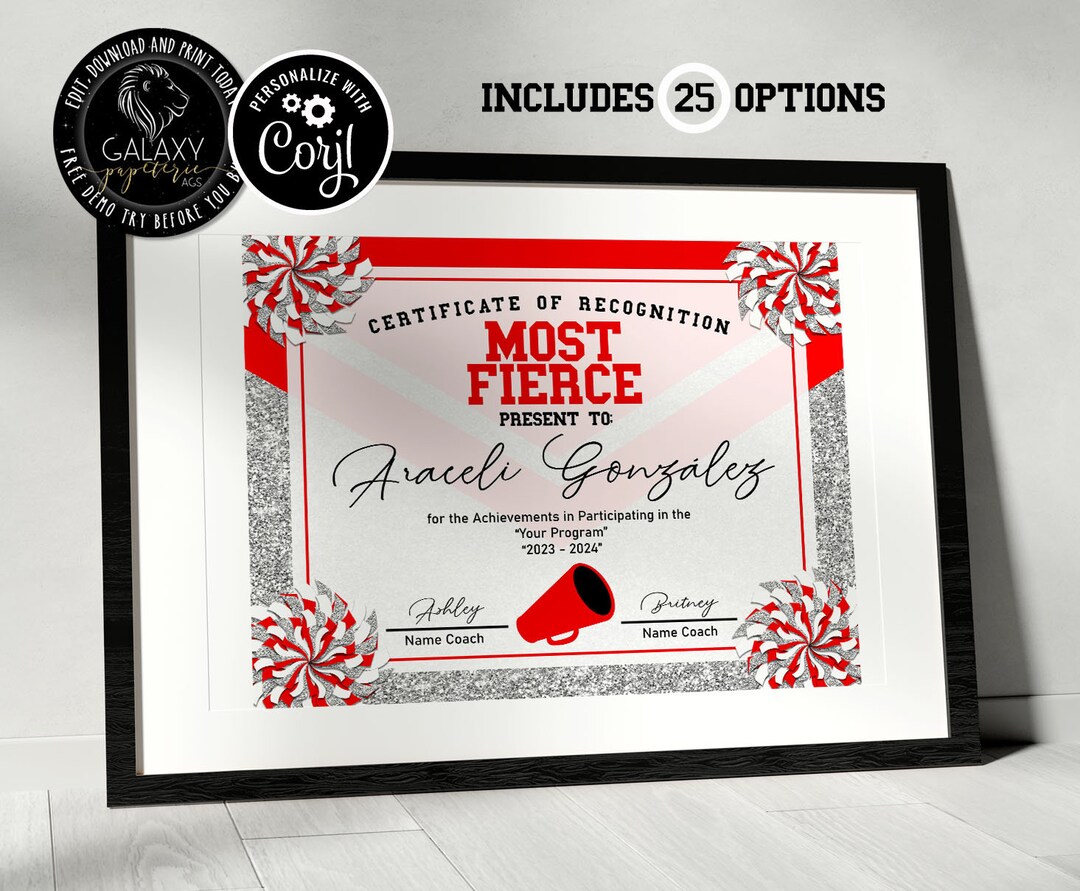 Editable Red Silver Cheerleading Certificate, Editable Cheerleading ...