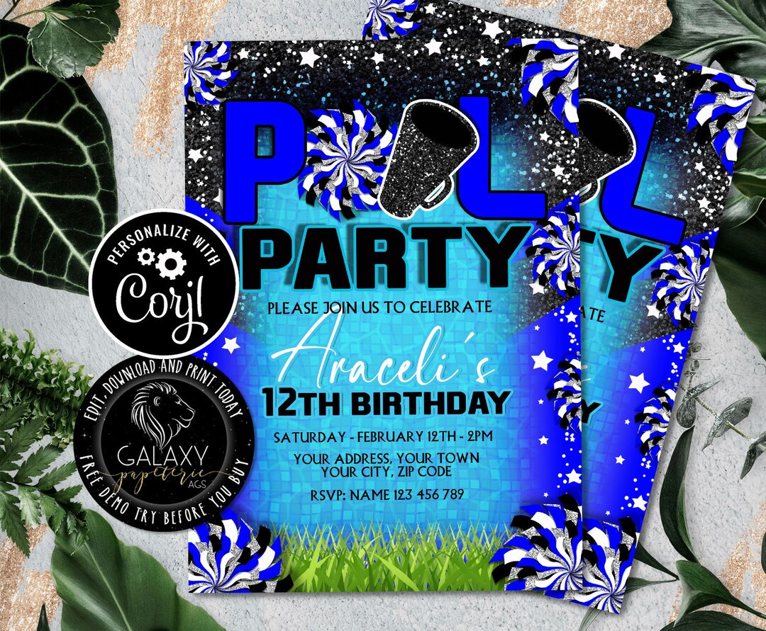 Black Blue Cheer Editable Invitation, Blue Pool Party Cheer Party ...