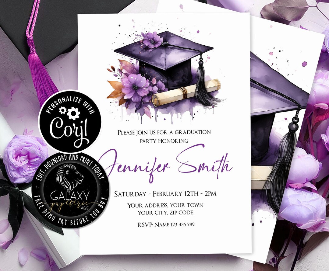 Editable Purple Graduation Invitation, Floral Graduation Invitation ...