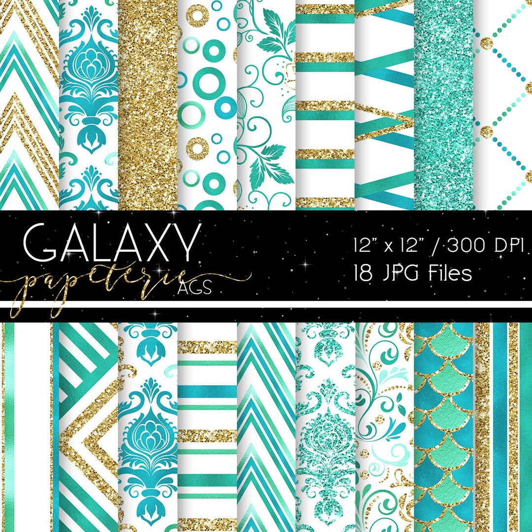 Turquoise Foil and Gold Glitter Digital Paper, Turquoise Foil and Gold ...