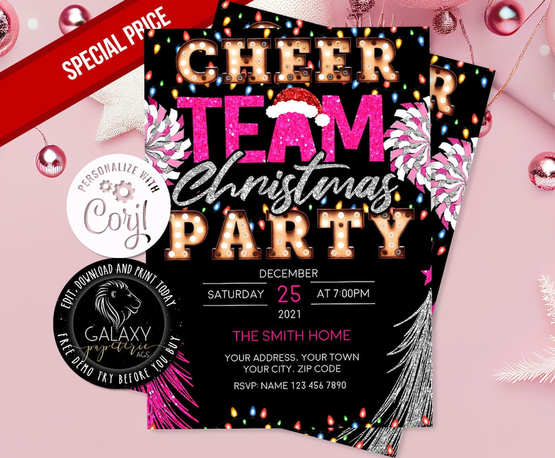 Editable Cheer Team Christmas Party Invitation, Pink Silver Cheer ...