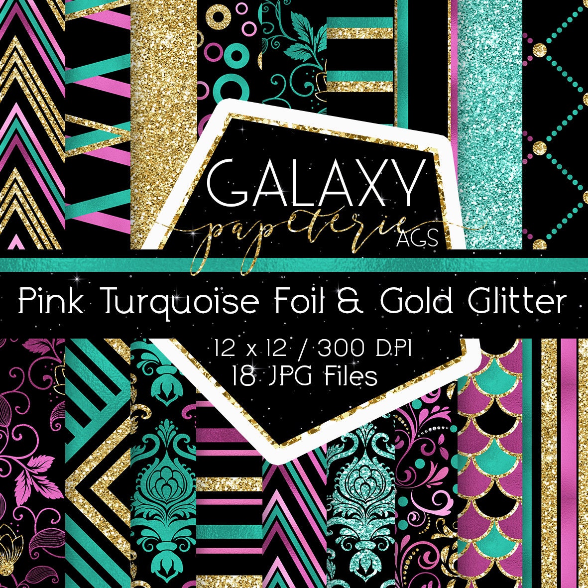 Pink Foil and Gold Glitter Digital Paper Turquoise Foil and - Etsy