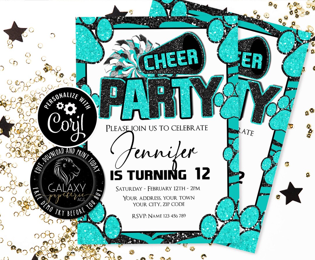 Glitter Teal Cheer Editable Invitation, Cheer Tigers Party Editable ...