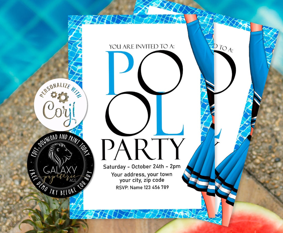 Blue Black Cheer Editable Invitation, Blue Pool Party Cheer Party ...