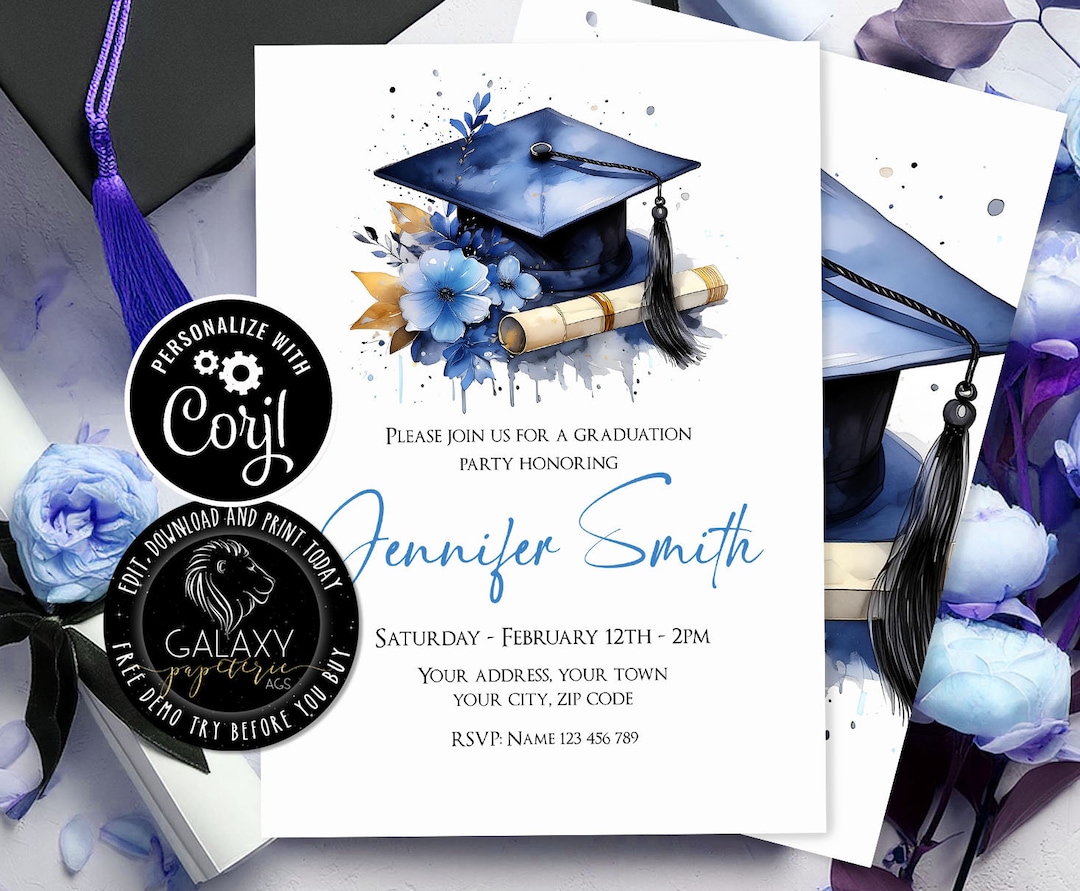 Editable Blue Graduation Invitation, Floral Graduation Invitation, Blue ...