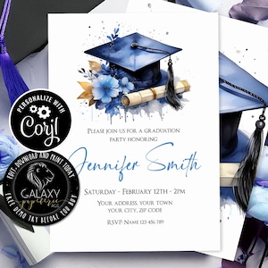 Editable Blue Graduation Invitation, Floral Graduation Invitation, Blue ...