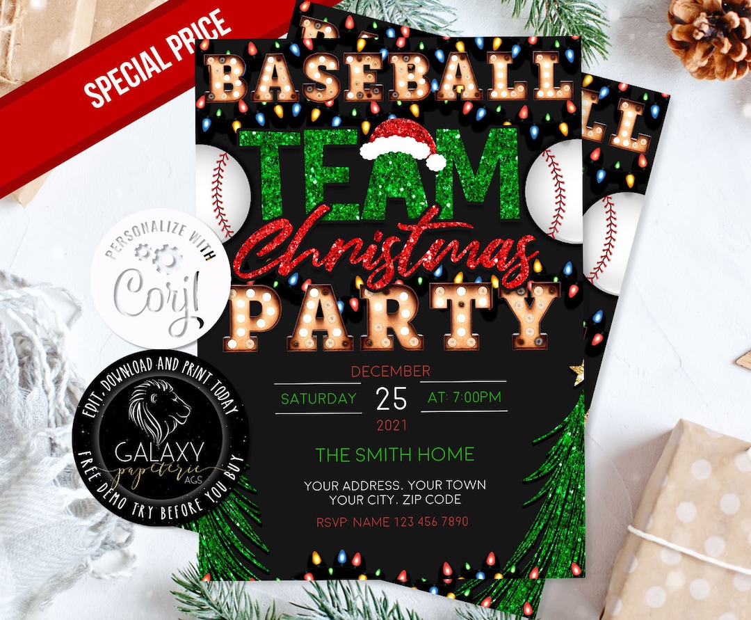 Editable Baseball Team Christmas Party Invitation, Baseball Holiday ...