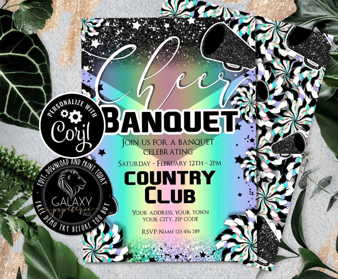 Black Iridescent Cheer Banquet Editable Invitation, Cheer Party ...