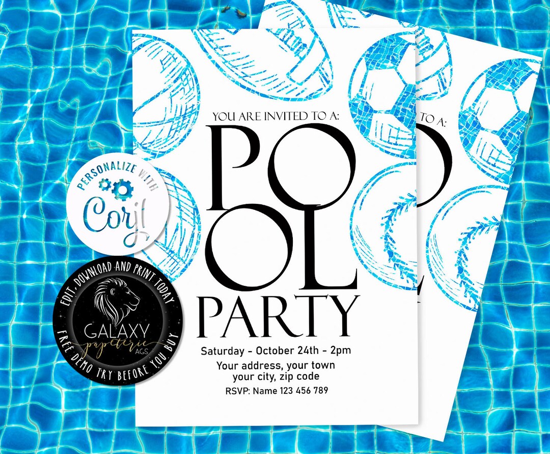 Sports Pool Party Invitation, Sports Party Invitation, Corjl, Sports ...