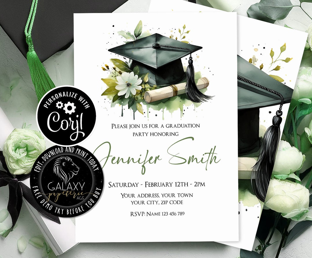 Editable Green Graduation Invitation, Floral Graduation Invitation ...