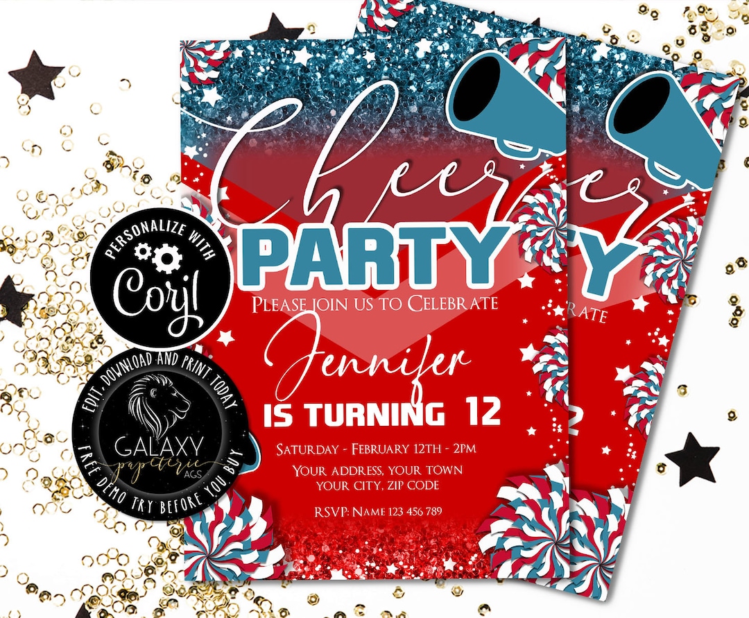 Red Teal Cheer Editable Invitation, Cheer Party Editable Invitation ...