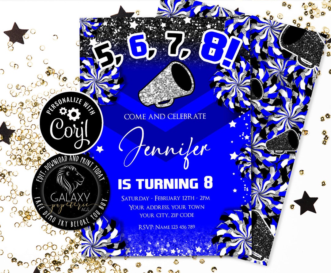 Blue Cheer Editable Invitation, Cheer Party Editable Invitation ...