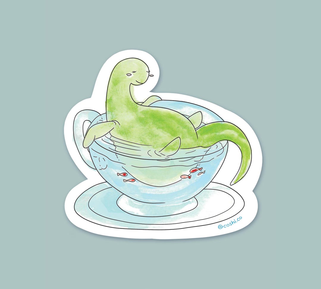 Nessie Tea Cup Sticker – Funny Loch Ness Monster, Watercolor Style - Etsy