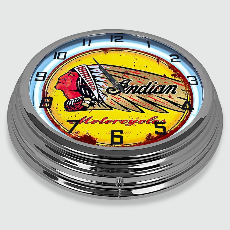 18" Indian Motorcycle EST. 1901 Metal Sign Designed White Neon Clock ...