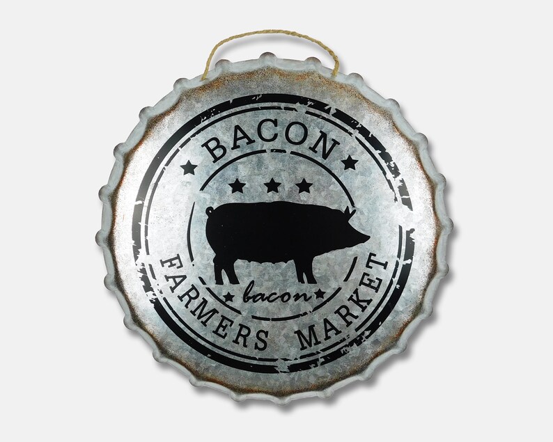 14" Bacon Farmers Market Galvanized Steel Bottle Cap Sign - SIGNBOX ...