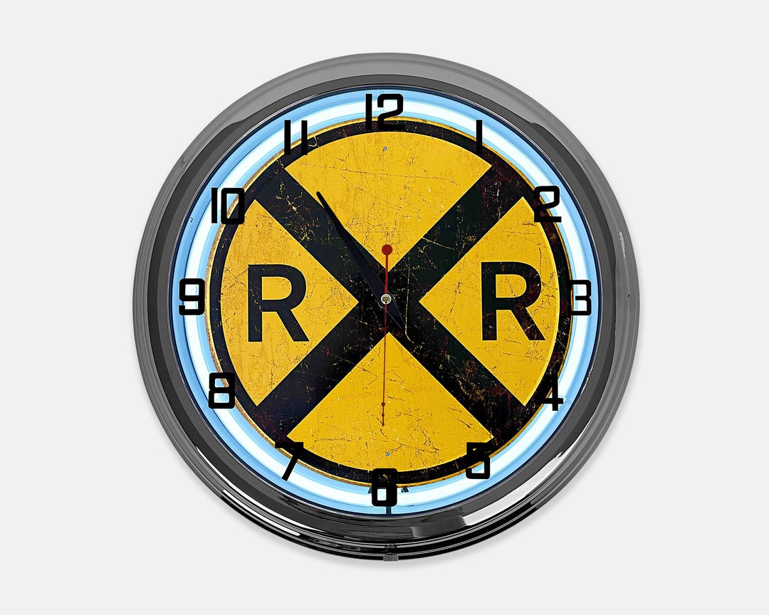 18" Rail Road Crossing Metal Sign Designed White Neon Clock - SIGNBOX ...