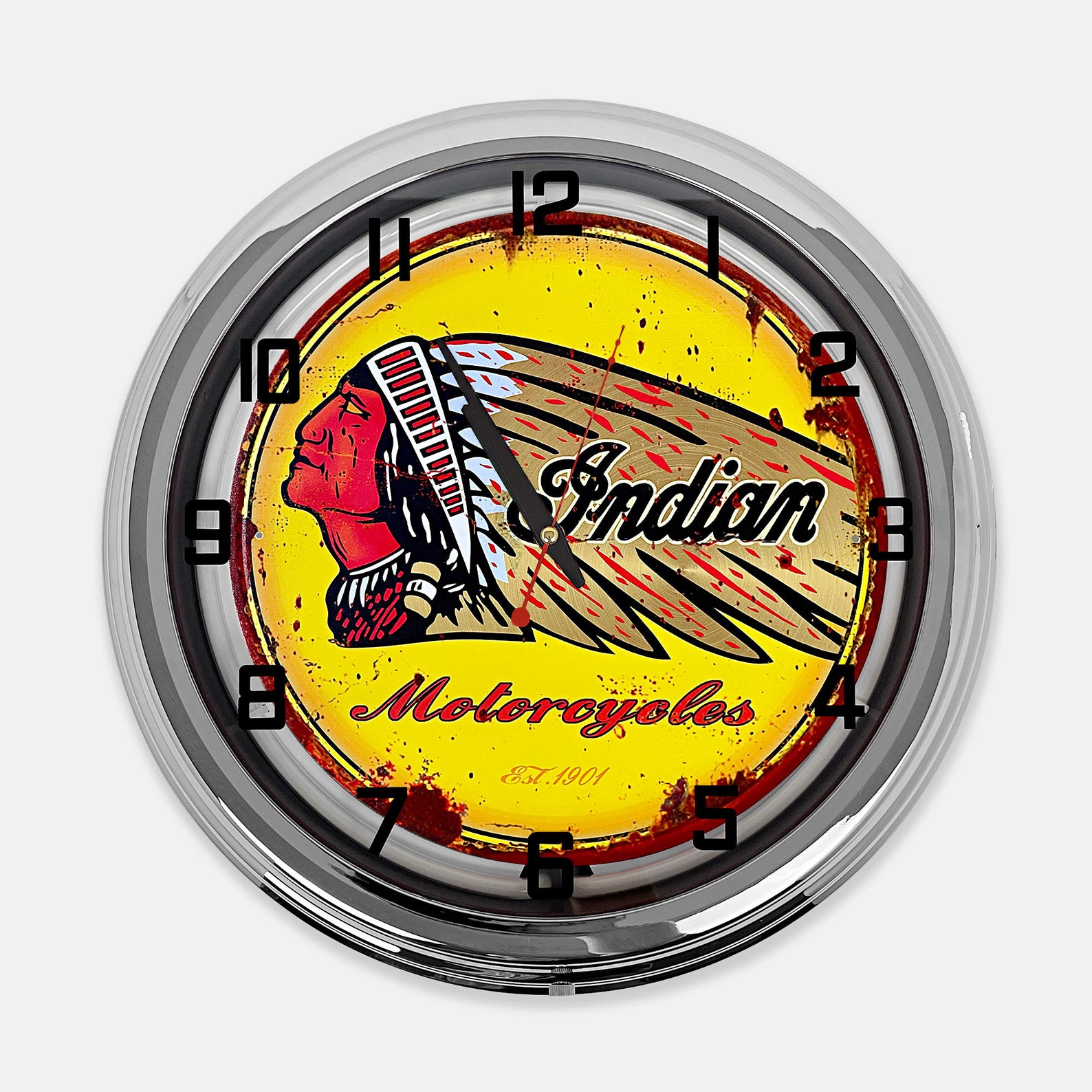 18" Indian Motorcycle EST. 1901 Metal Sign Designed White Neon Clock ...