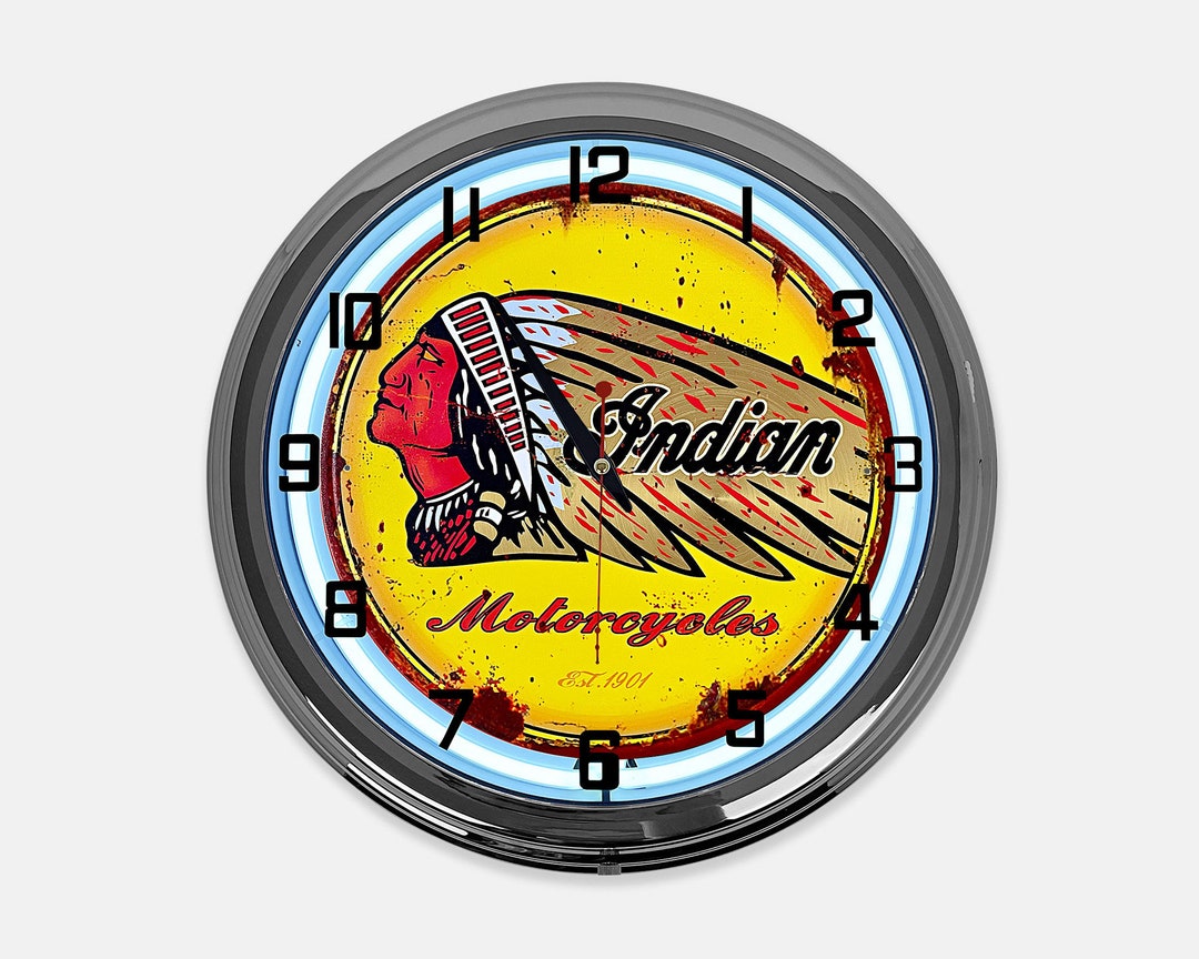 18" Indian Motorcycle EST. 1901 Metal Sign Designed White Neon Clock ...